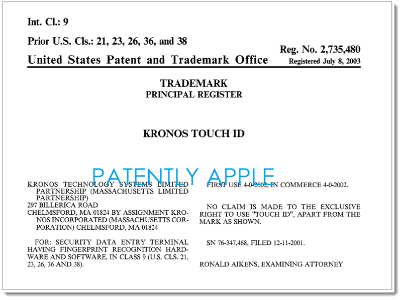 USPTO từ chối cấp bằng phát minh cho công nghệ Touch ID của Mỹ vì trùng tên