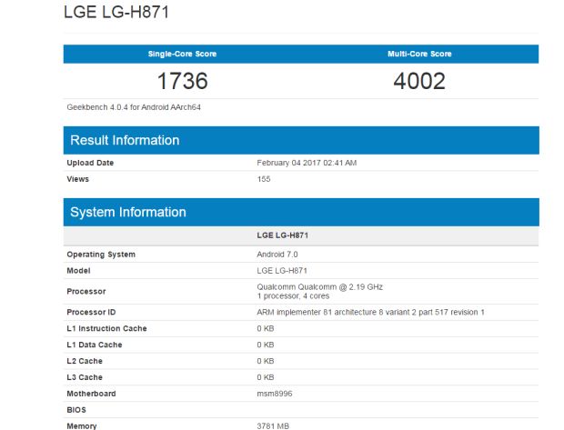 Rò rỉ benchmark cho thấy LG G6 dùng Snapdragon 821 chứ không phải là 835, 4GB RAM?