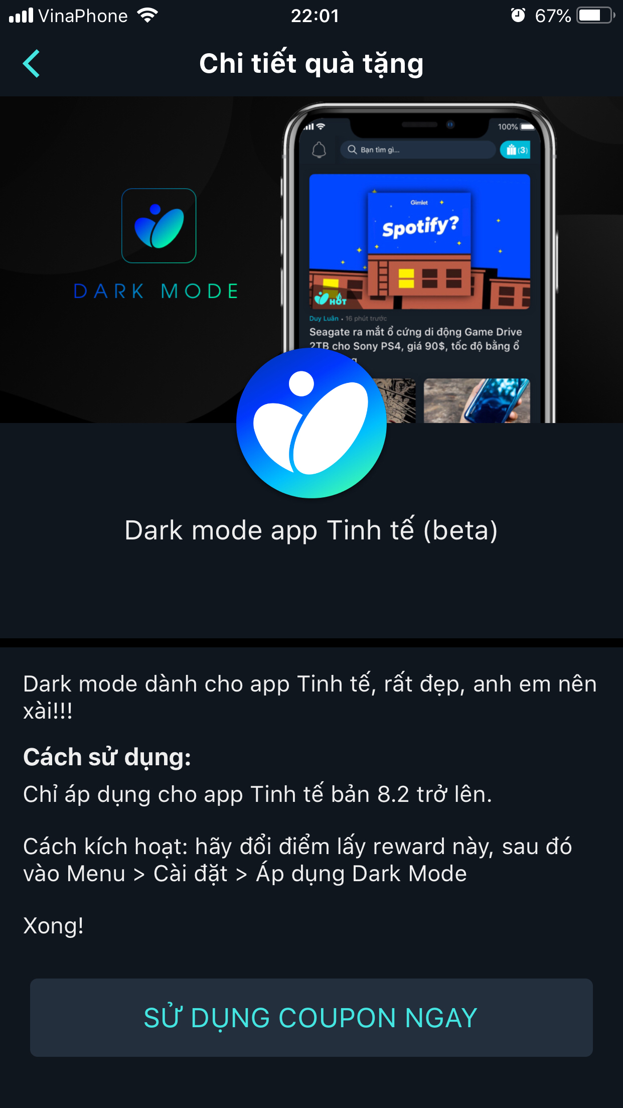 Ôi thặc vi diệu cho thanh niên chơi ngu lấy tiếng, đã updated App tinhte 8.2 là mặc định có DarkMod