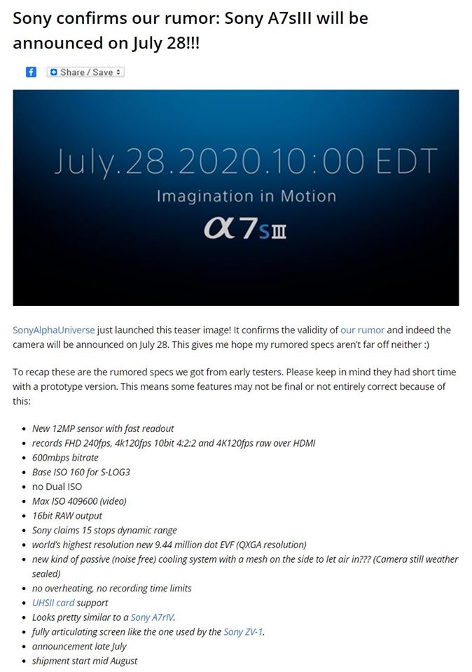 Sony chốt ngày công bố A7S3 vào 28/7 | Viết bởi gabeohp91